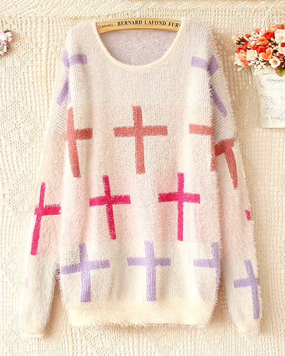 Fashion Round Collar Loose Long-sleeved Cross Pattern Sweater on Luulla