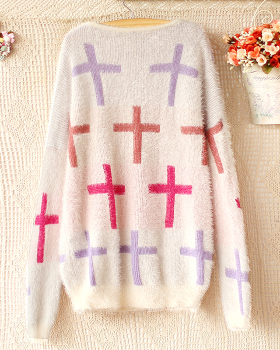 Fashion Round Collar Loose Long-sleeved Cross Pattern Sweater on Luulla